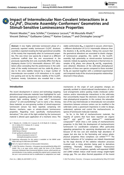 Pdf Impact Of Intermolecular Non‐covalent Interactions In A Cu8pd1 Discrete Assembly