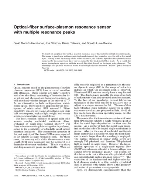 Pdf Optical Fiber Surface Plasmon Resonance Sensor With Multiple Resonance Peaks