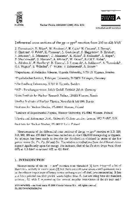 Pdf Differential Cross Sections Of The Pp → Ppπ0 Reaction From 310 To 425 Mev Colin Wilkin