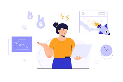 비즈니스 여성 우울하고 감소 그래프를 보면서 강조했습니다 주식 금융 거래 시장 다이어그램 벡터 일러스트 레이 션 평면 디자인 흰색 배경에 고립되어 있습니다 감소하는 그래프