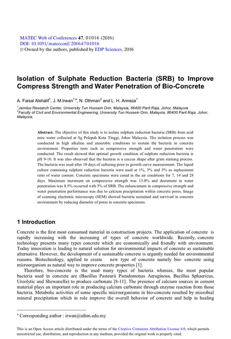 Pdf Isolation Of Sulphate Reduction Bacteria Srb To Improve Compress Strength And Water