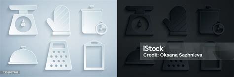 설정 강판 요리 냄비와 부엌 타이머 음식 트레이 도마 오븐 장갑과 비늘 아이콘으로 덮여 벡터 3차원 형태에 대한 스톡 벡터 아트 및 기타 이미지 Istock