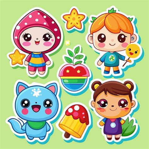 귀여운 만화 캐릭터와 물건 스티커 프리미엄 Ai 생성 벡터