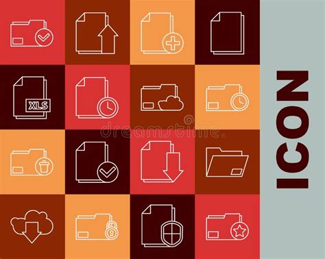Set Line Document Folder With Star Clock Add New File Xls Document And Check Mark And Cloud