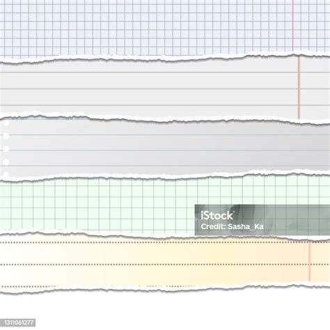 찢어진 흰색과 노란색 노트 세트 노트북 스트립 줄 지어 사각형 종이 조각 회색 배경에 붙어 벡터 일러스트레이션 0명에 대한 스톡
