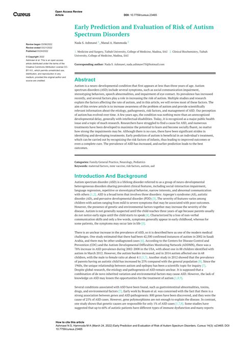 Pdf Early Prediction And Evaluation Of Risk Of Autism Spectrum Disorders