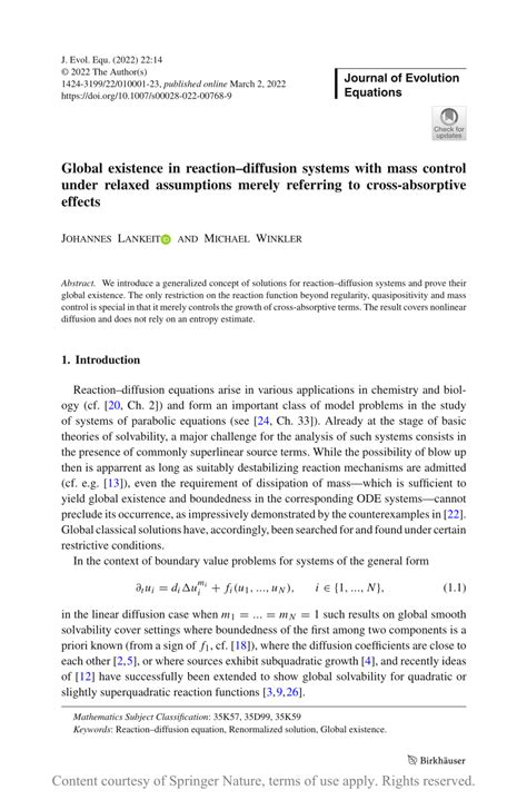 Pdf Global Existence In Reaction Diffusion Systems With Mass Control Under Relaxed Assumptions