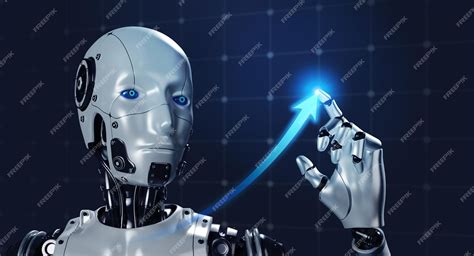 3d 렌더링 스마트 로봇은 성장 그래프 블루 그리드 네트워크 배경에 상승 화살표를 그립니다 화면에 손가락을 가리키는 Ai 인간 사이보그 인공 지능 개념을 갖춘 비즈니스 및