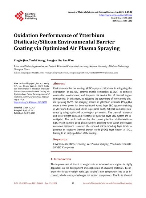 Pdf Oxidation Performance Of Ytterbium Disilicatesilicon Environmental Barrier Coating Via