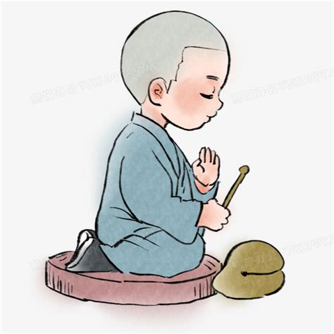 一组手绘水彩风出家人小和尚敲木鱼套图三免抠元素png图片素材下载元素png熊猫办公