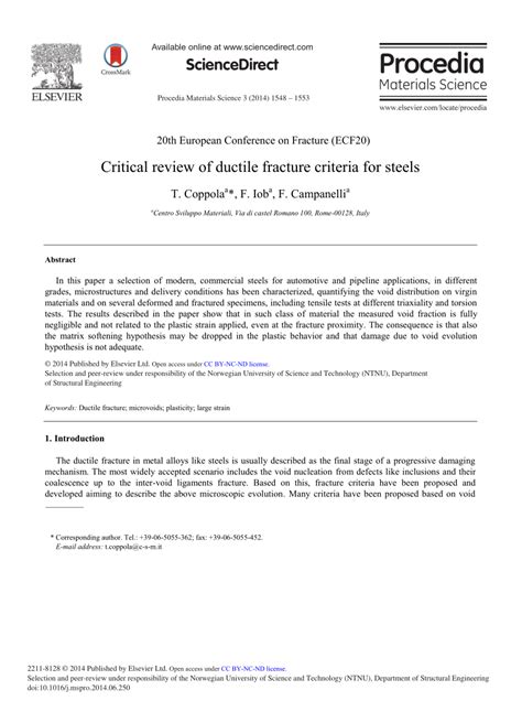 Pdf Critical Review Of Ductile Fracture Criteria For Steels