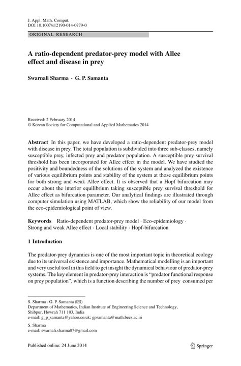 Pdf A Ratio Dependent Predator Prey Model With Allee Effect And