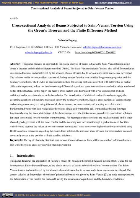 Pdf Cross Sectional Analysis Of Beams Subjected To Saint Venant Torsion Using The Greens