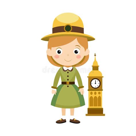 Cute Cartoon Girl With Big Ben Clock Tower London Travel Vector Stock