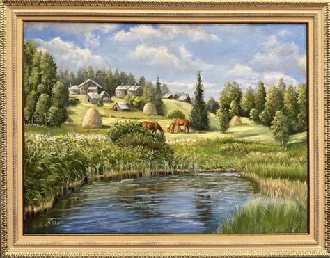 Картина маслом, анималистика "Лошади у пруда". Холст/Масло. Размер ...