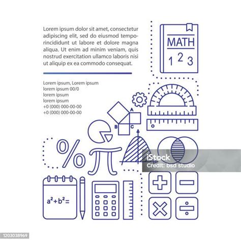 기본 수학 코스 문서 페이지 벡터 템플릿입니다 대수 기하학 선형 아이콘과 텍스트 상자가 있는 브로셔 디자인 요소입니다 인쇄 디자인 텍스트 공간이 있는 개념 그림 개념에 대한