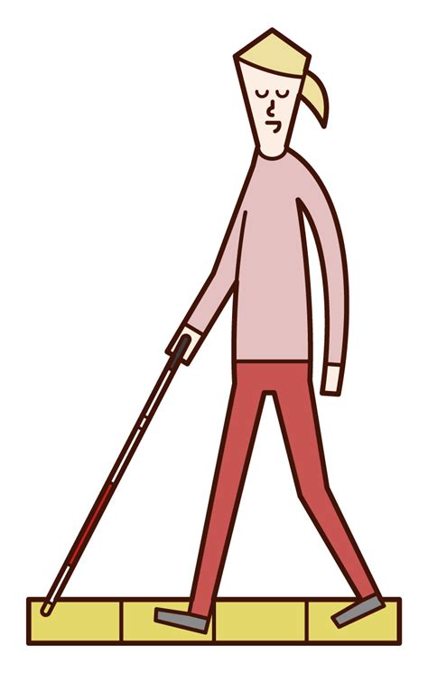 시각 장애인 여성이 흰색 지팡이로 걷는 그림 무료 일러스트 소재집 Kukukeke