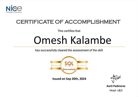 Omesh Kalambe On Linkedin Happy To Share That I Have Passed The Sql Intermediate Internal