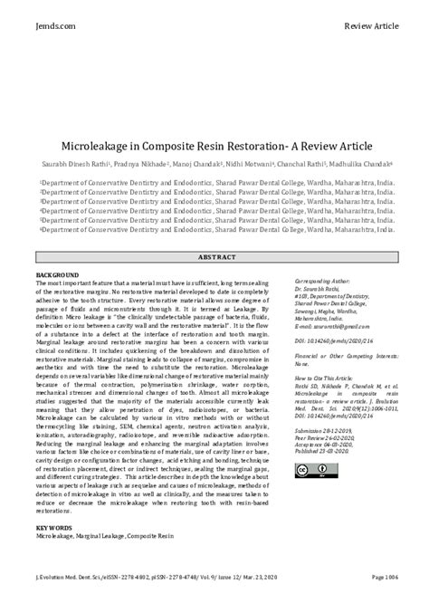 Pdf Microleakage In Composite Resin Restoration A Review Article