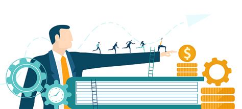 목표와 사업을 개발하는 방법을 보여주는 사업가 성공과 임금 상승을 향해 달리는 작은 사람들 비즈니스 컨셉 일러스트레이션 가공의 인물에 대한 스톡 벡터 아트 및 기타 이미지