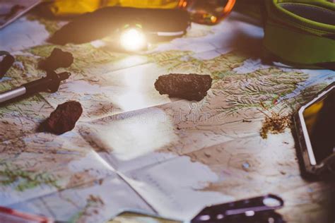 Exploring Adventure Hiking Concept Looking Navigation Map In Tent At