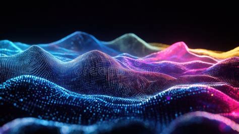 3d Rendering Of Abstract Digital Landscape With Glowing Particles Futuristic Wave With Depth Of