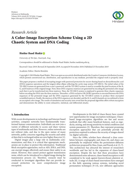 PDF A Color Image Encryption Scheme Using A D Chaotic System And DNA Coding