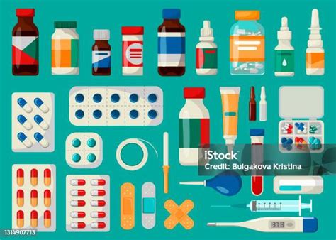 의약품 약국 라벨이 있는 병원 의약품 세트 의료 용품의 컬렉션 만화 스타일의 벡터 일러스트레이션 약에 대한 스톡 벡터 아트 및 기타 이미지 Istock