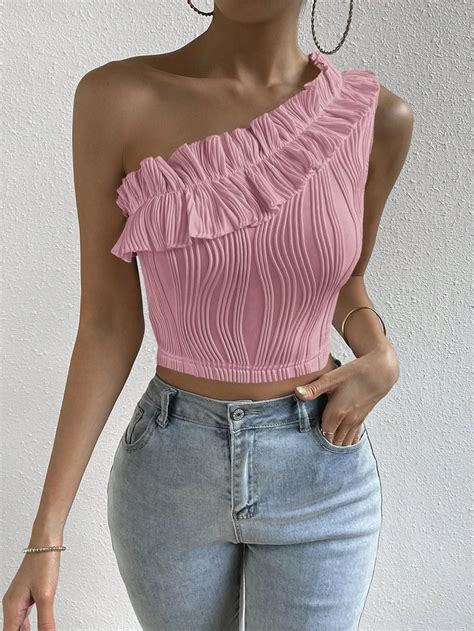 One Shoulder Ruffle Trim Crop Top Blusas Juveniles Moda Ropa Ropa De Moda
