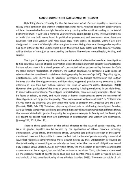 Final Essay Its An Essay About Gender Equality Gender Equality The Achievement Of Freedom