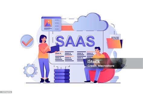 Saas 컨셉과 사람 장면 여성과 남성은 소프트웨어를 서비스 프로그램 데이터 센터 및 클라우드 기술에 대한 온라인 구독으로