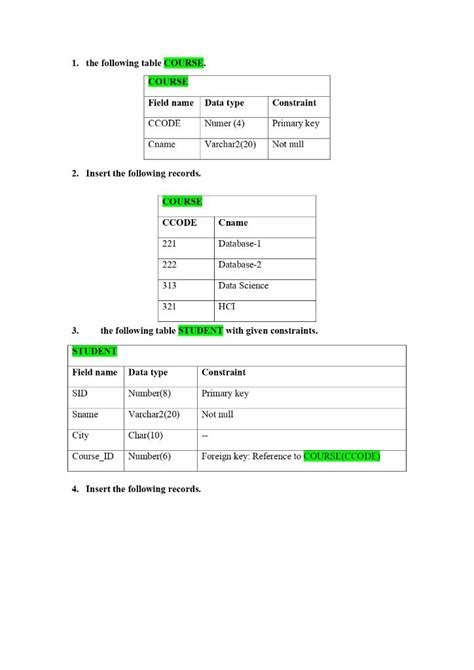 Solved 1 The Following Table Course 2 Insert The