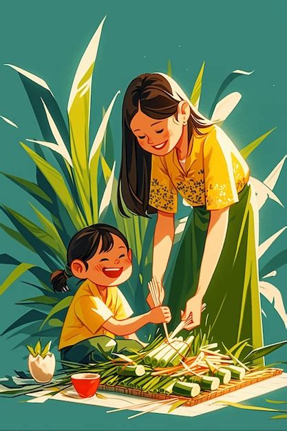 드래곤 보트 축제 를 위해 가족 이 지 를 만드는 것 프리미엄 Ai 생성 벡터