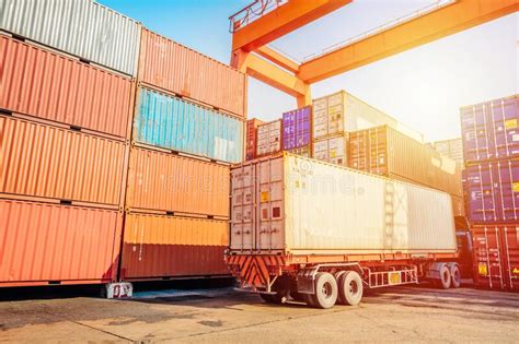 Container Loading In A Cargo Freight Ship With Industrial Crane Container Ship In Import And