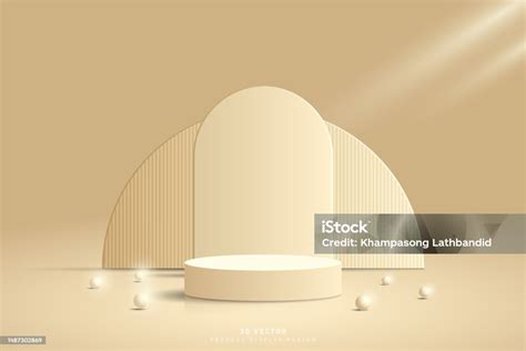 사실적인 갈색 3d 실린더 연단 받침대 무대 아치 모양 반원 배경 및 빛나는 구체 공으로 렌더링된 스튜디오 룸의 3d 배경 제품 진열장을 위한 최소한의 벽 장면 0명에 대한