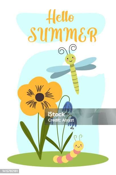 여름 벡터 일러스트 레이 션 템플릿 버그가있는 여름 초원 자연 배경 식물 카모마일 꽃 녹색 들판 잔디 인사말 카드 Eps 계절에