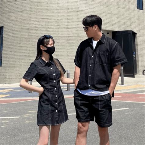 기장선택 데님 커플룩 진청 흑청 미니 원피스 반팔 셔츠 청 반바지 생지 세트 투피스 여름 커플룩 청청 시밀러룩 남녀공용 꾸안꾸