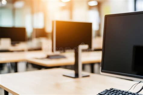 Modern Office Workspace Desk Computer Monitors Technology Business Room Clean Screen Design