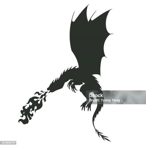 불을 내뿜는 용의 실루엣 날개 달린 파충류 무서운 중세 용 플랫 벡터 일러스트레이션을 날리는 만화 동화 속 드래곤 실루엣 가공의