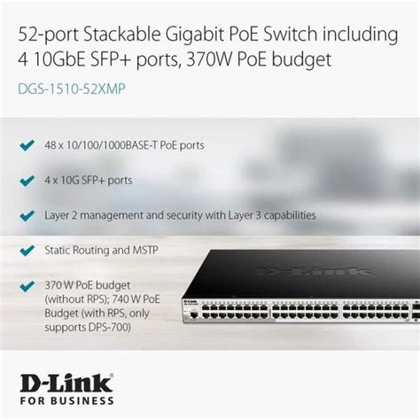 Switch D Link Dgs 1510 52xmp 48 Ports Gigabit Poe 4 Ports 10 Giga Sfp Onvif Budget