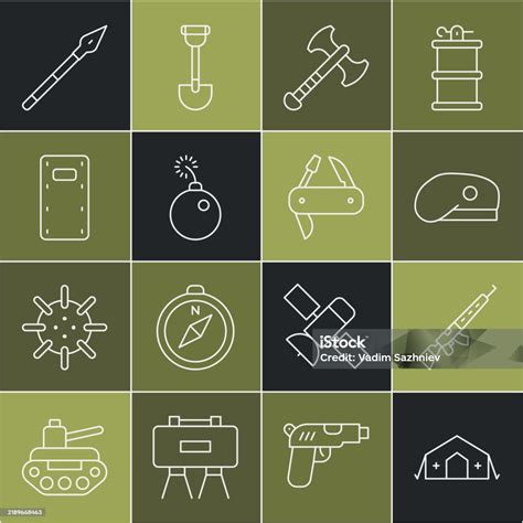 세트 라인 군사 의료 텐트 스나이퍼 소총 범위 베레모 전쟁 도끼 폭발 준비가되어있는 폭탄 돌격 방패 중세 창 및 스위스 아미 나이프 아이콘 벡터 강철에 대한 스톡 벡터 아트