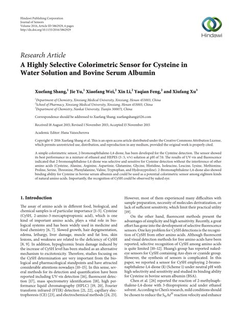 Pdf A Highly Selective Colorimetric Sensor For Cysteine In Water Solution And Bovine Serum Albumin