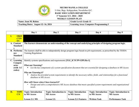 Comp Programming Lesson Plan Example Part Docx
