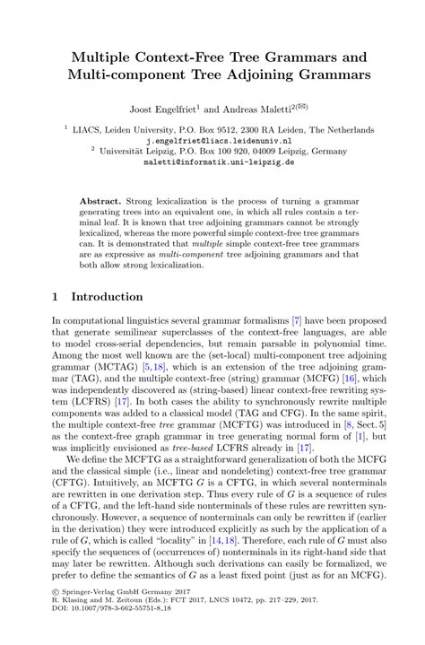 Pdf Multiple Context Free Tree Grammars And Multi Component Tree Adjoining Grammars
