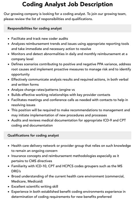 Coding Analyst Job Description Velvet Jobs