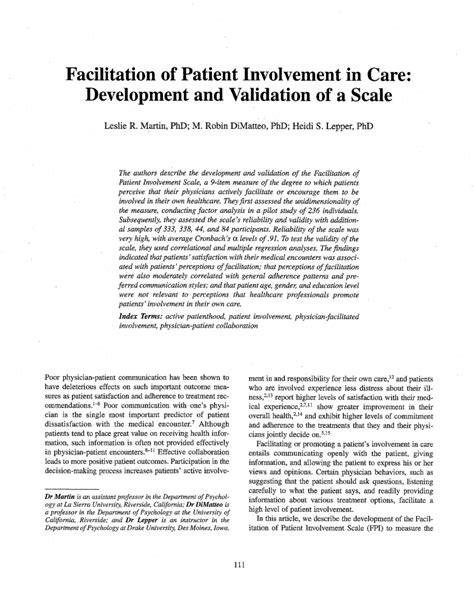 Pdf Facilitation Of Patient Involvement In Care Development And Validation Of A Scale