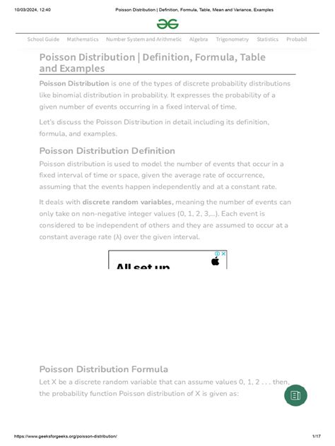 Poisson Distribution Definition Formula Table Mean And Variance Examples Pdf