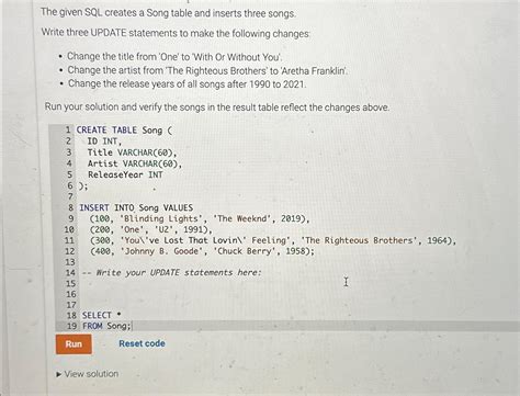Solved The Given Sql Creates A Song Table And Inserts Three