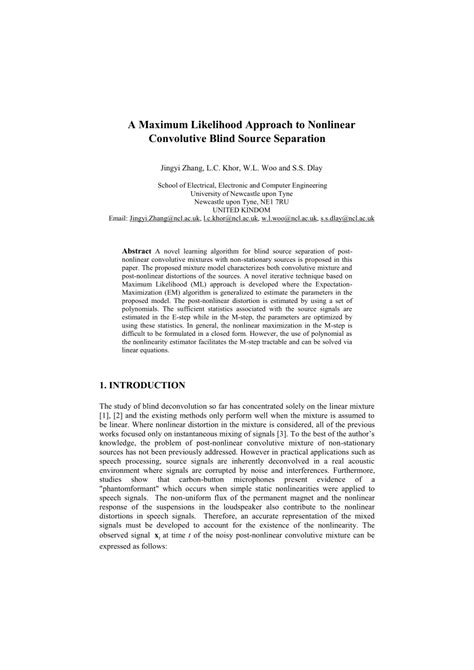 Pdf A Maximum Likelihood Approach To Nonlinear Convolutive Blind Source Separation