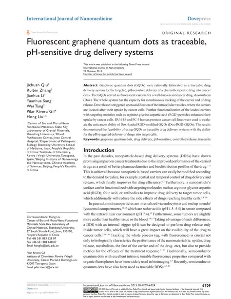 Pdf Fluorescent Graphene Quantum Dots As Traceable Ph Sensitive Drug Delivery Systems